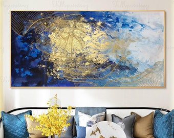 Navy Blue Abstract Painting on Canvas Wall Art Framed for - Etsy