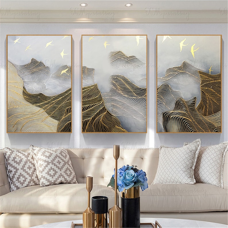 3 Stück gold Linien abstrakte Malerei auf Leinwand Wand kunst - Etsy