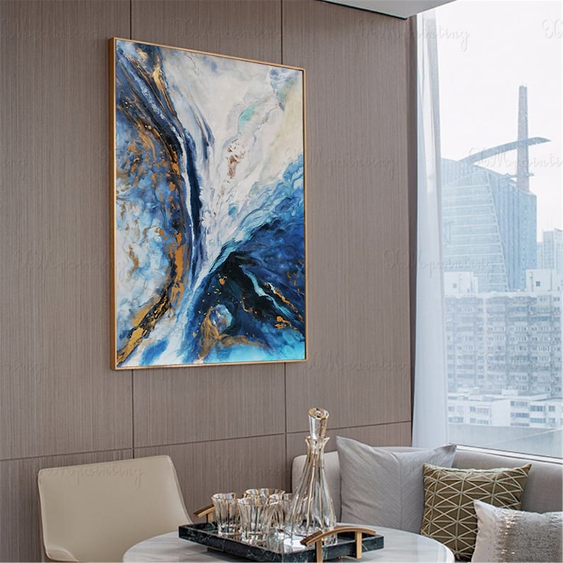 Navy Blue Abstract Painting on Canvas Wall Art Framed for - Etsy