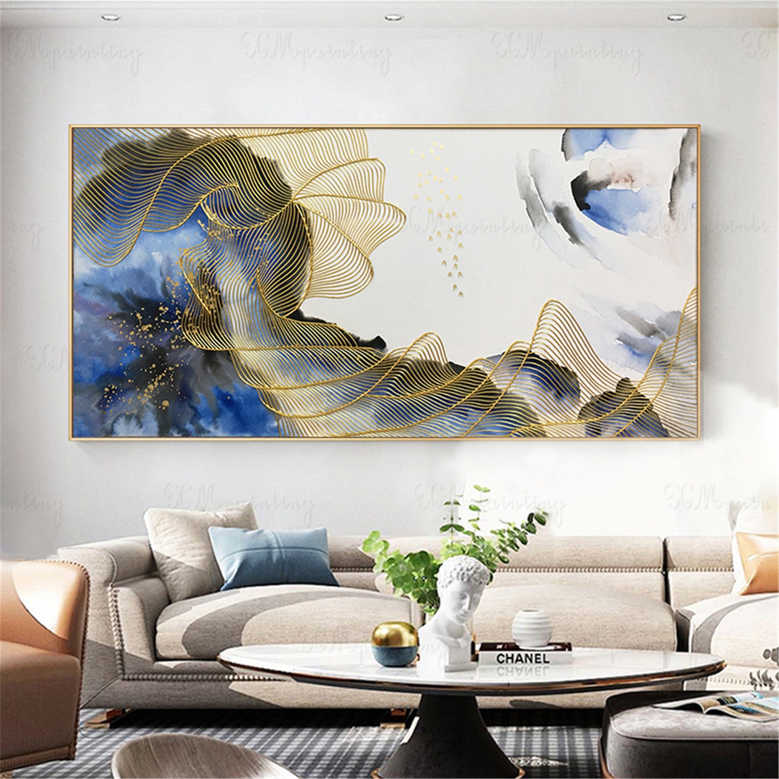 Gold Line Navy Blue Abstract Painting on Canvas Wall Art | Etsy