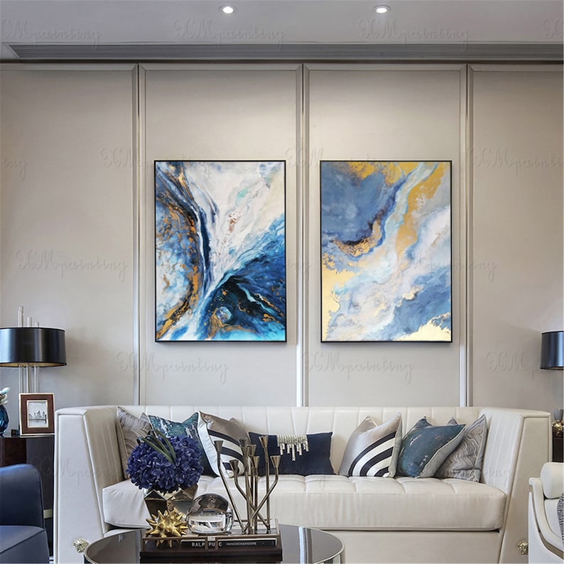 Navy Blue Abstract Painting on Canvas Wall Art Framed for - Etsy