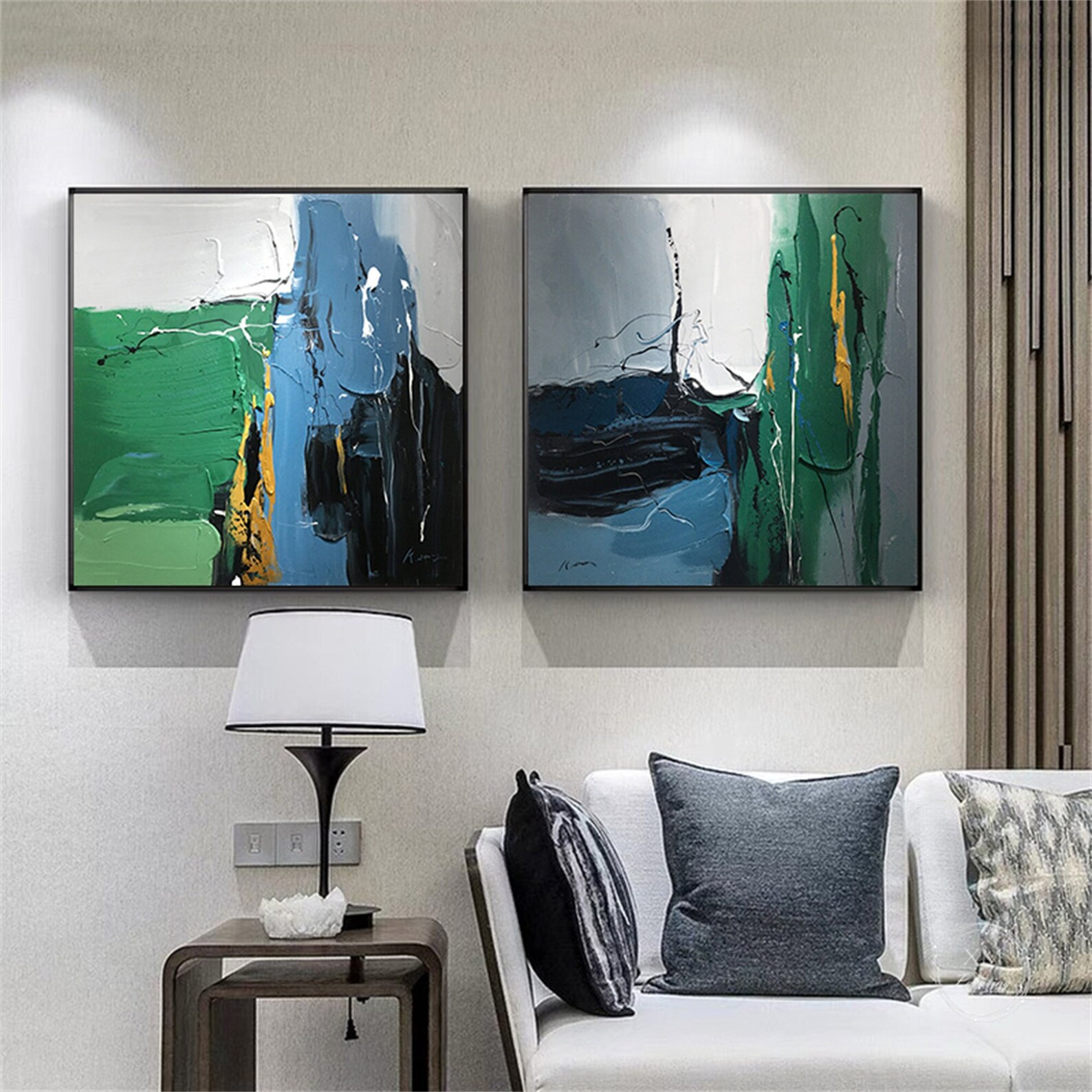 2 Pieces Green Color Abstract Painting Framed Canvas Wall Art - Etsy