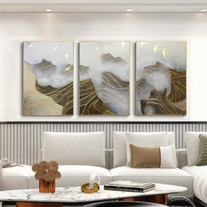 3 Stück Gold Linien abstrakte Malerei auf Leinwand Wand Kunst gerahmt für Wohnzimmer Wand Dekor ...