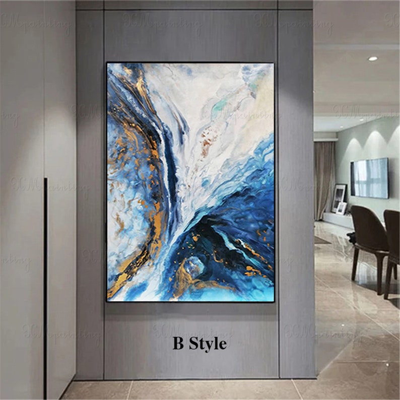 Navy Blue Abstract Painting on Canvas Wall Art Framed for - Etsy
