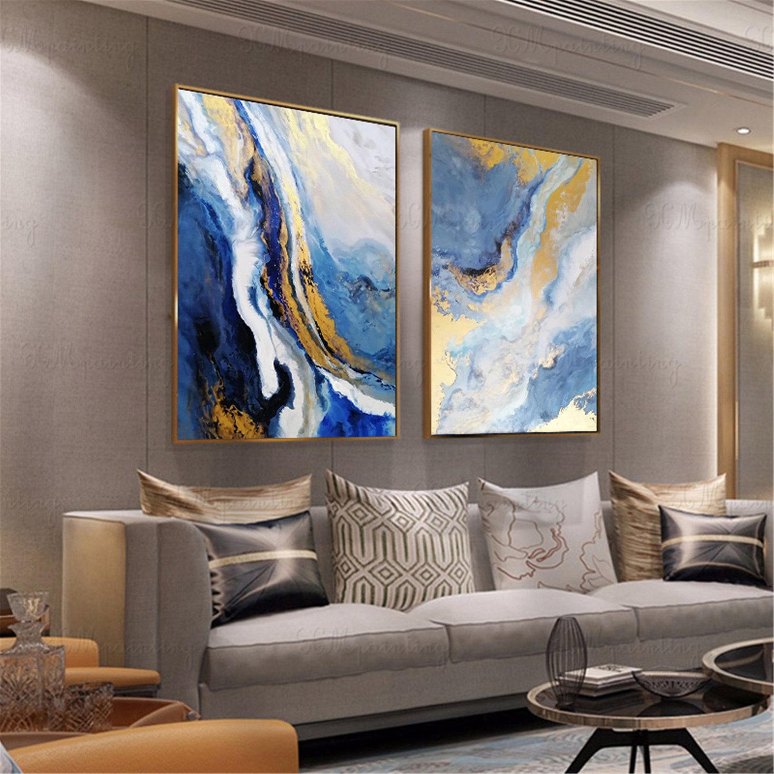 Navy Blue Abstract Painting on Canvas Wall Art Framed for - Etsy