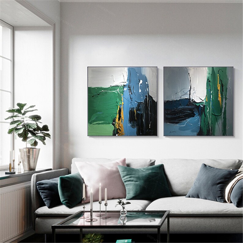 2 Pieces Green Color Abstract Painting Framed Canvas Wall Art - Etsy