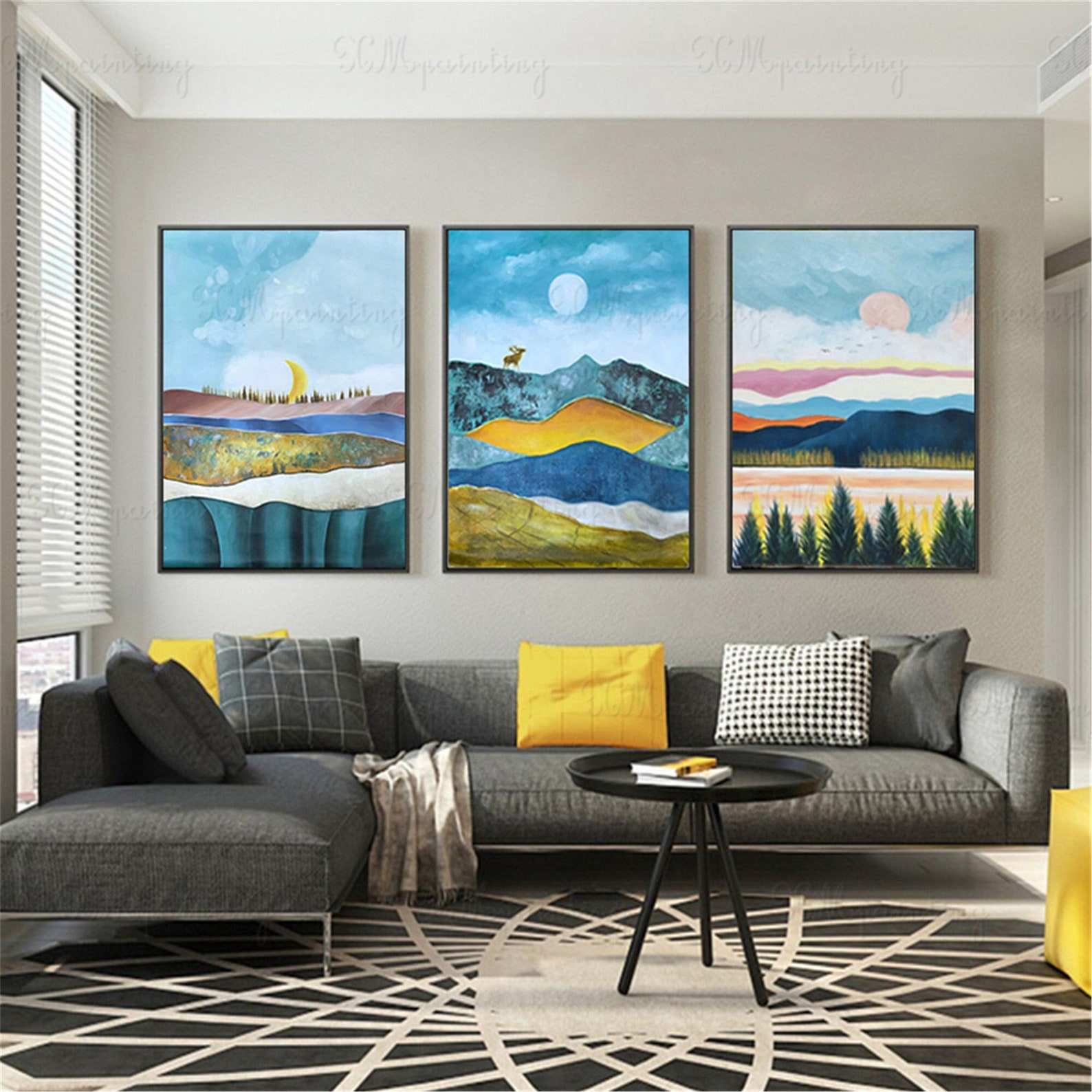 Abstract Mountain Landscape Painting Set, Blue & Gold Acrylic Canvas ...