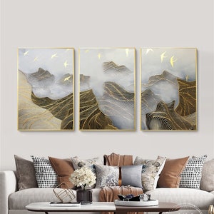 3 Stück Gold Linien abstrakte Malerei auf Leinwand Wand Kunst gerahmt für Wohnzimmer Wand Dekor ...