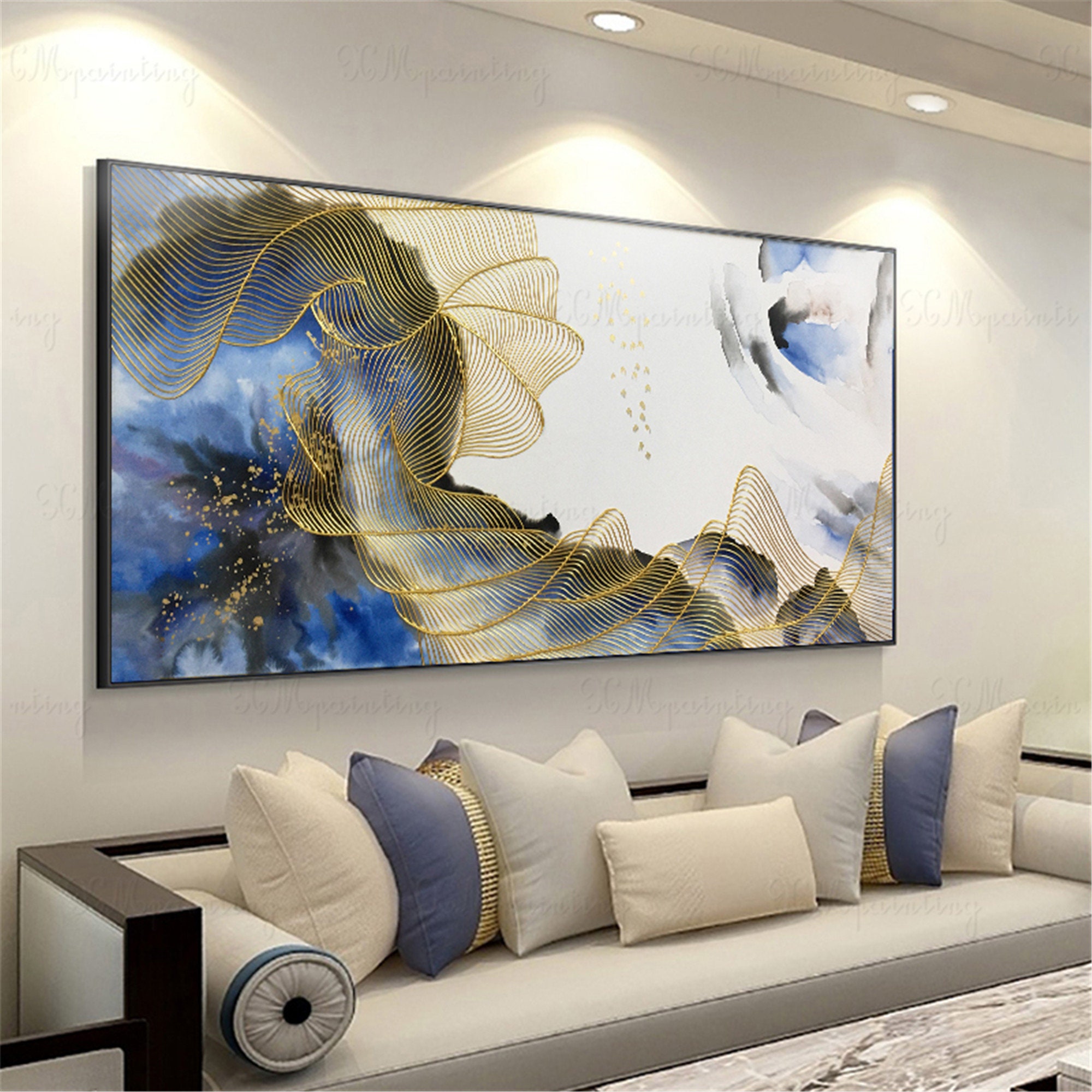 Gold Line Navy Blue Abstract Painting on Canvas Wall Art | Etsy