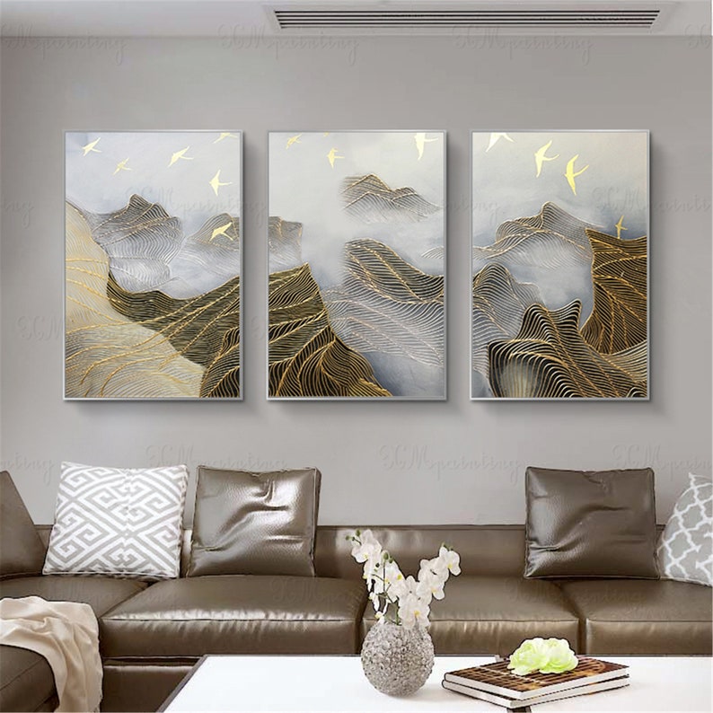 3 Stück gold Linien abstrakte Malerei auf Leinwand Wand kunst - Etsy