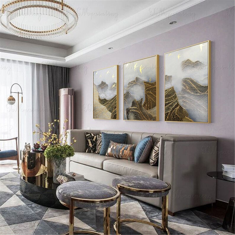 3 Stück gold Linien abstrakte Malerei auf Leinwand Wand kunst - Etsy