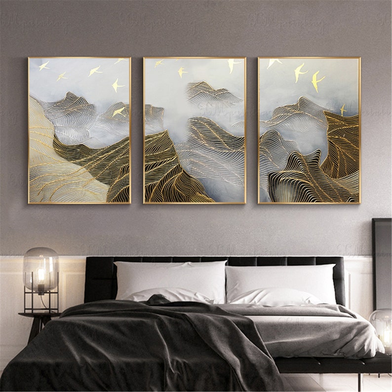 3 Stück gold Linien abstrakte Malerei auf Leinwand Wand kunst - Etsy