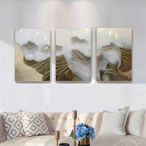 3 Stück Gold Linien abstrakte Malerei auf Leinwand Wand Kunst gerahmt für Wohnzimmer Wand Dekor ...