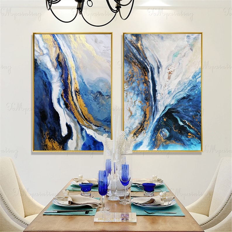 Navy Blue Abstract Painting on Canvas Wall Art Framed for - Etsy
