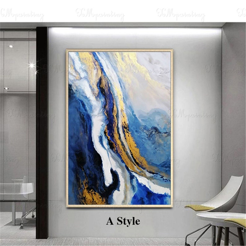 Navy Blue Abstract Painting on Canvas Wall Art Framed for - Etsy