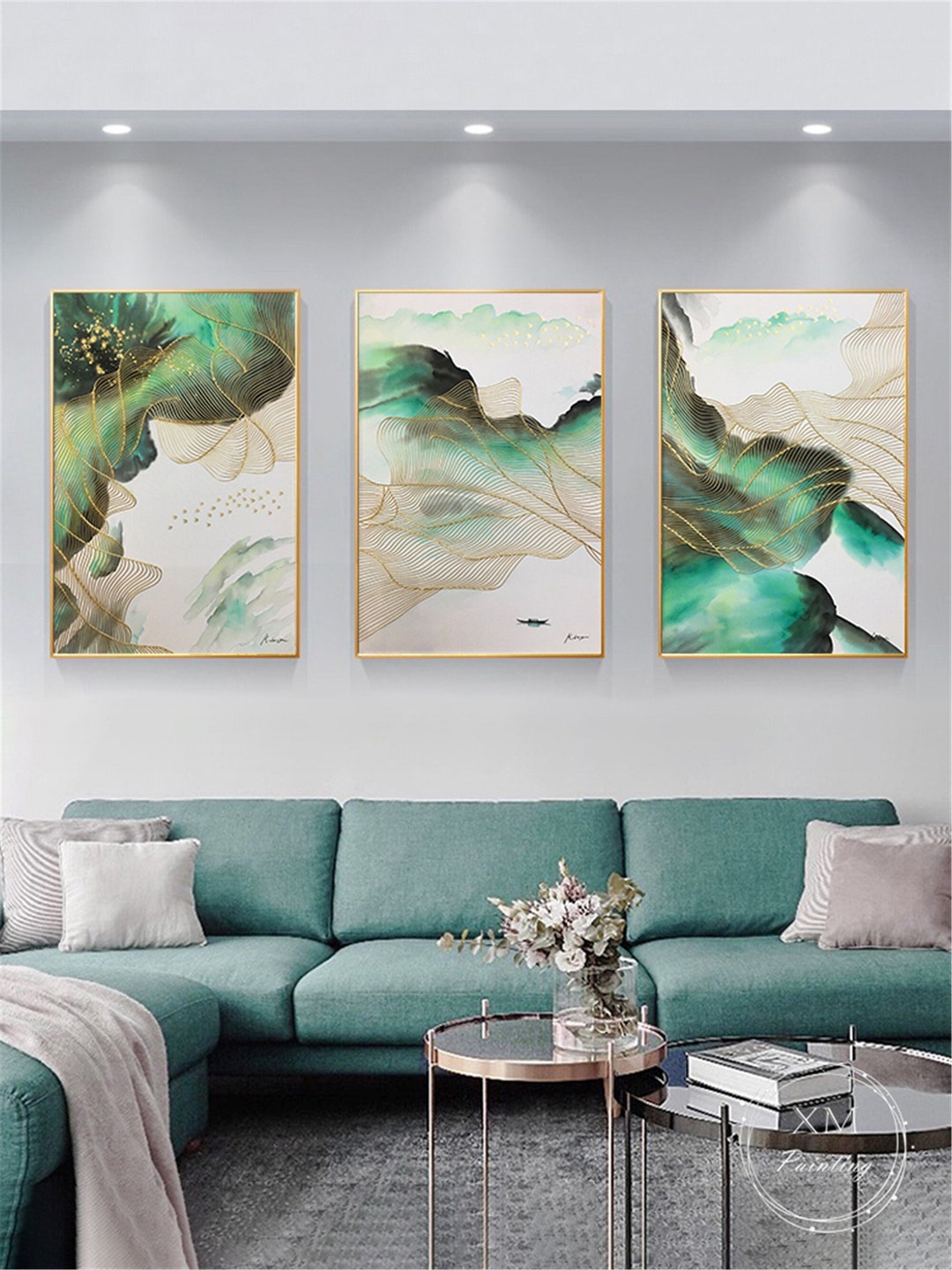 Green Gold Lines Painting Set | Handmade Acrylic 3D Texture Canvas Art ...