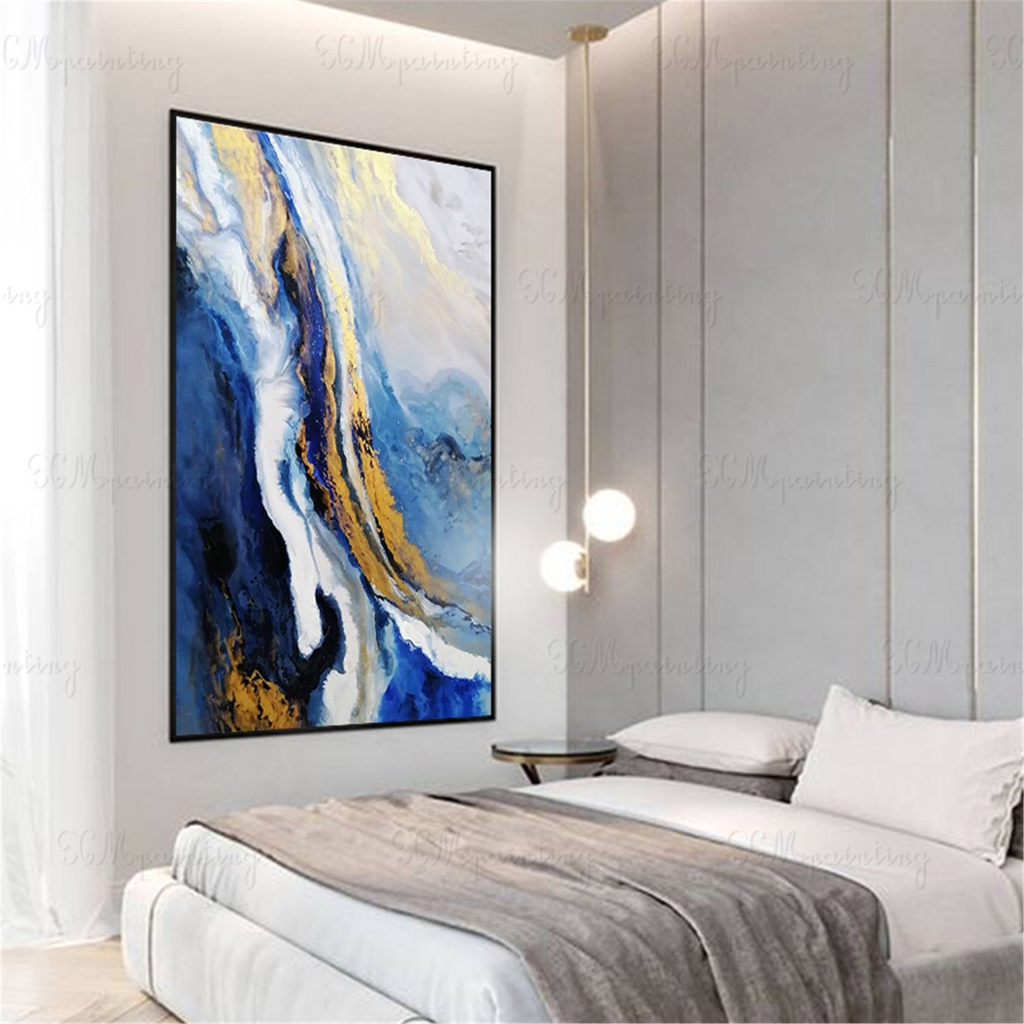 Pintura abstracta azul marino sobre lienzo arte de pared - Etsy España