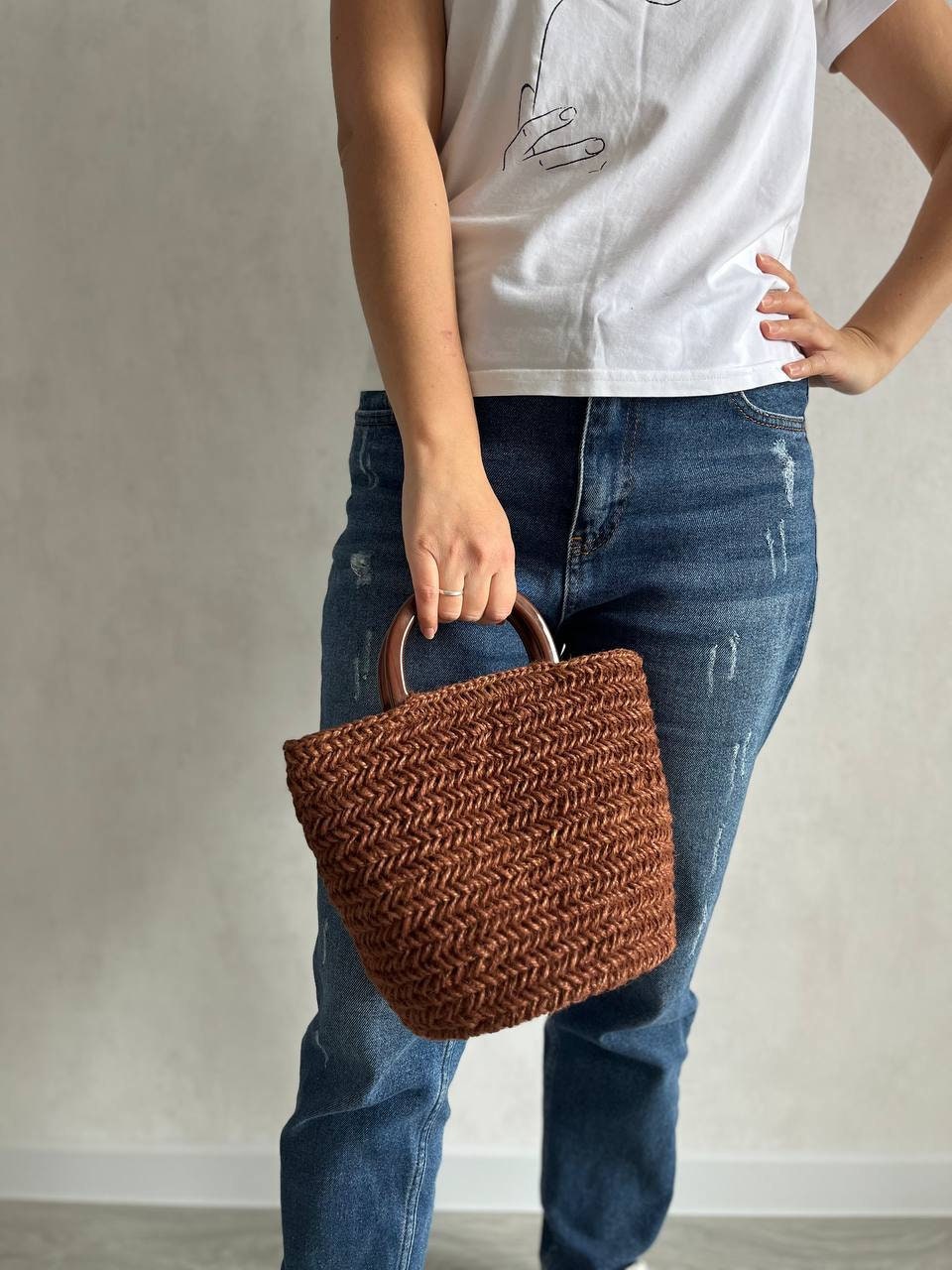 Small Bucket Bag Brown Straw Bag Boho Summer Handbag - Etsy