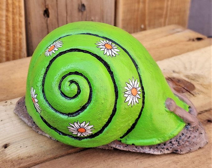 Concrete Snail Garden Statue. Handmade/painted. Lime Green W/daisies ...