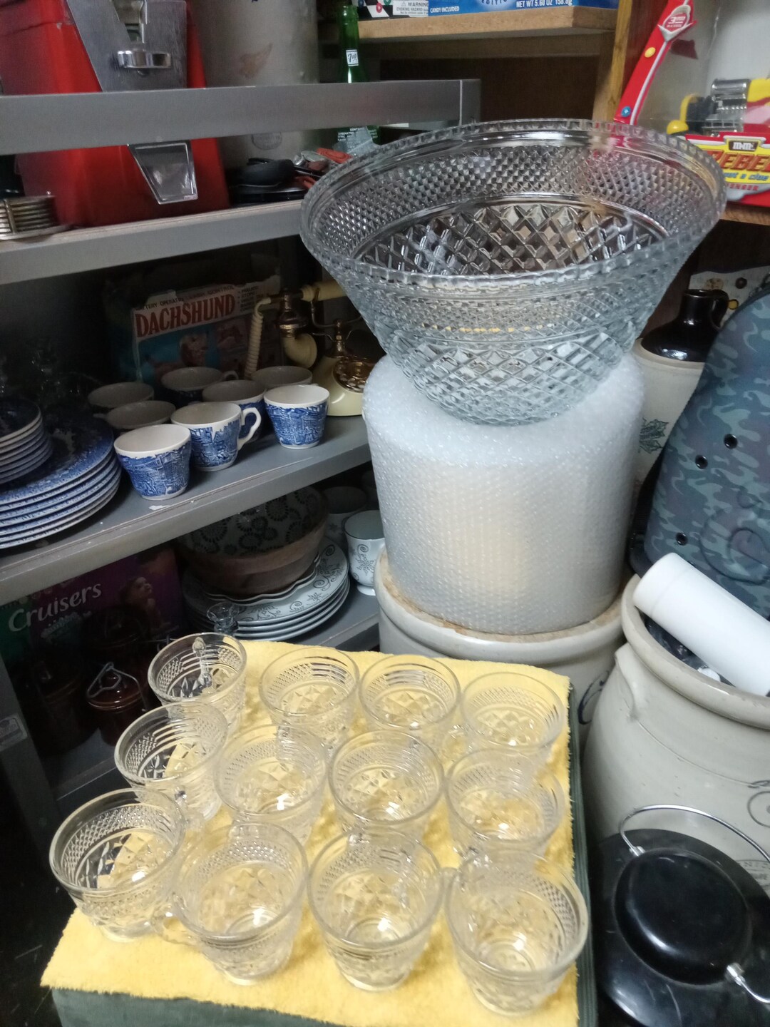 17 Piece Diamond Pattern Cut Glass Punch Bowl Set. - Etsy