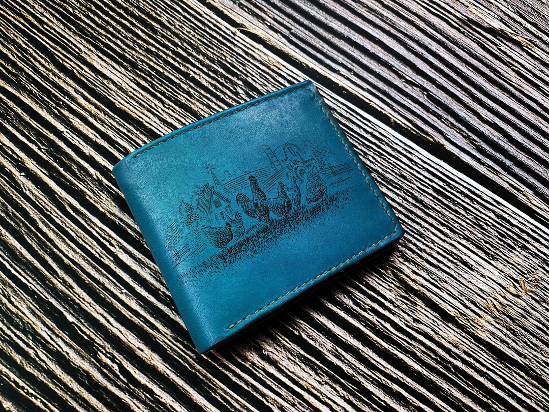 Chicken Farm Life Drawing Leather Wallet: Handmade, Custom Trifold ...