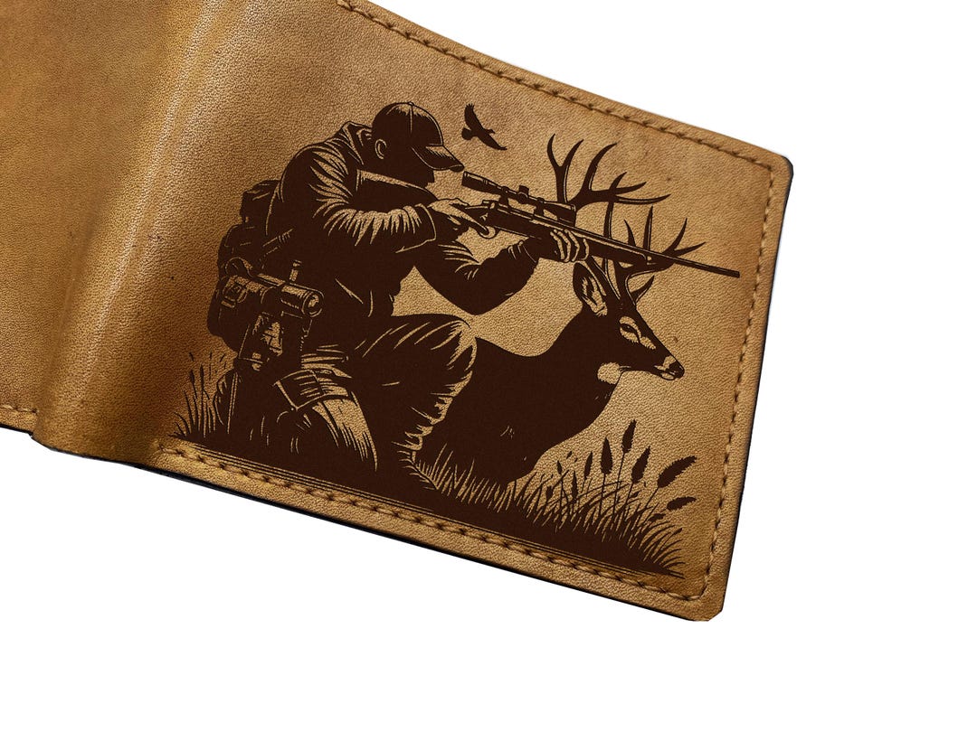 Handmade Leather Hunting Wallet, Deer and Man Landscape, Engraved Gift ...