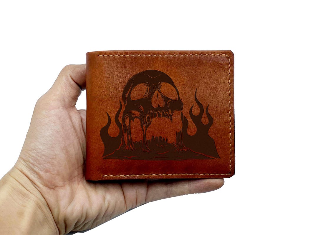 Hell Fire Skull Cowhide Leather Wallet: Handmade Trifold Bifold ...