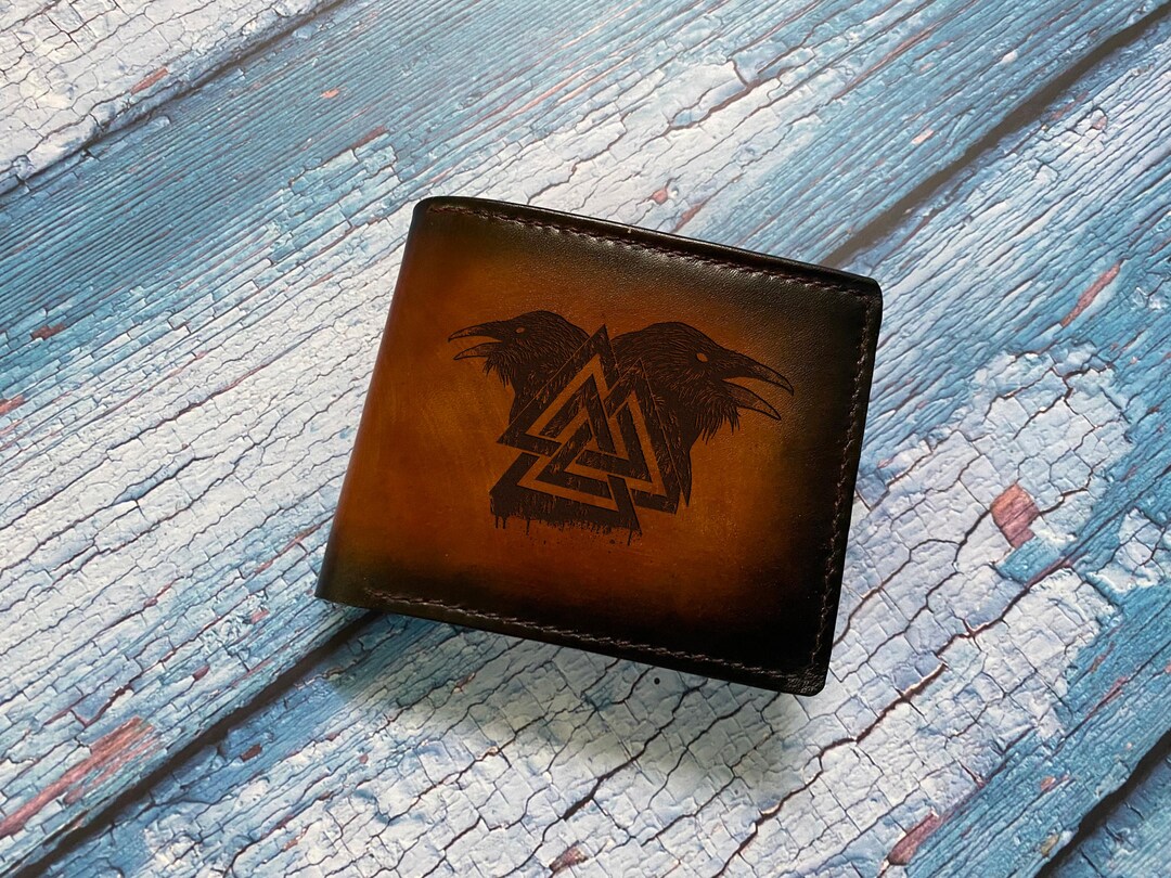 Dual Ravens Leather Men Wallet, Norse Rune Impossible Triangle, Custom ...