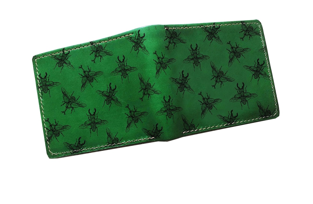 Handmade Leather Trifold Wallet, Beetles Insect Pattern, Personalized ...