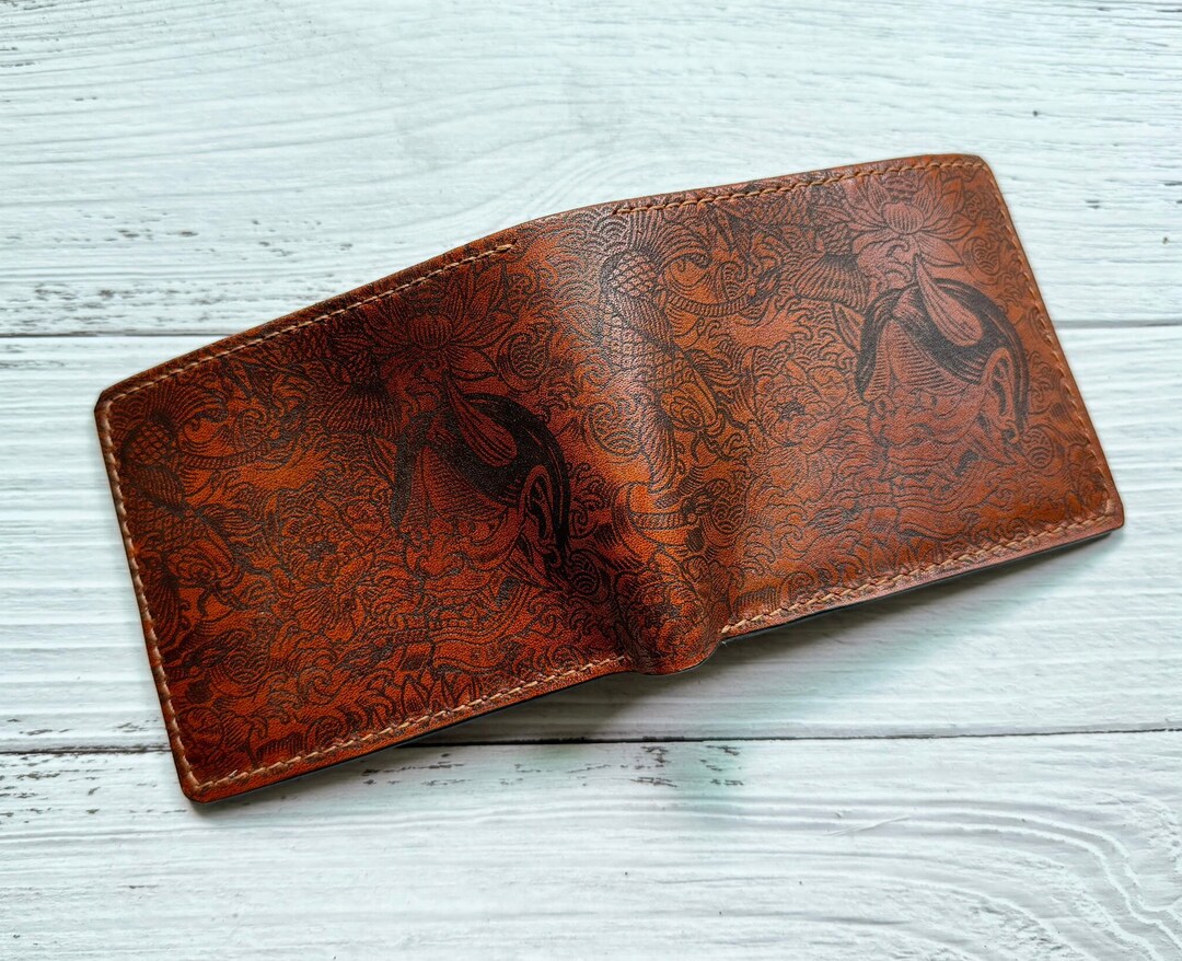 Koi Fish Leather Wallet: Japanese Hannya Design, Handmade Cowhide - Etsy