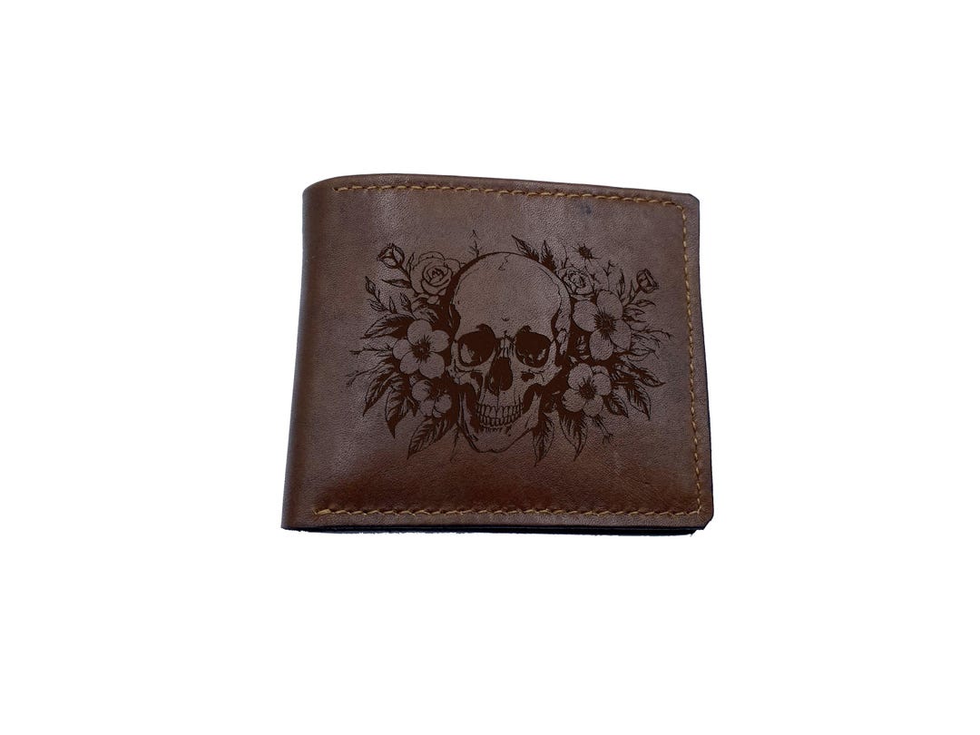 Skull Roses Cowhide Leather Trifold Wallet: Handmade Trifold Bifold ...