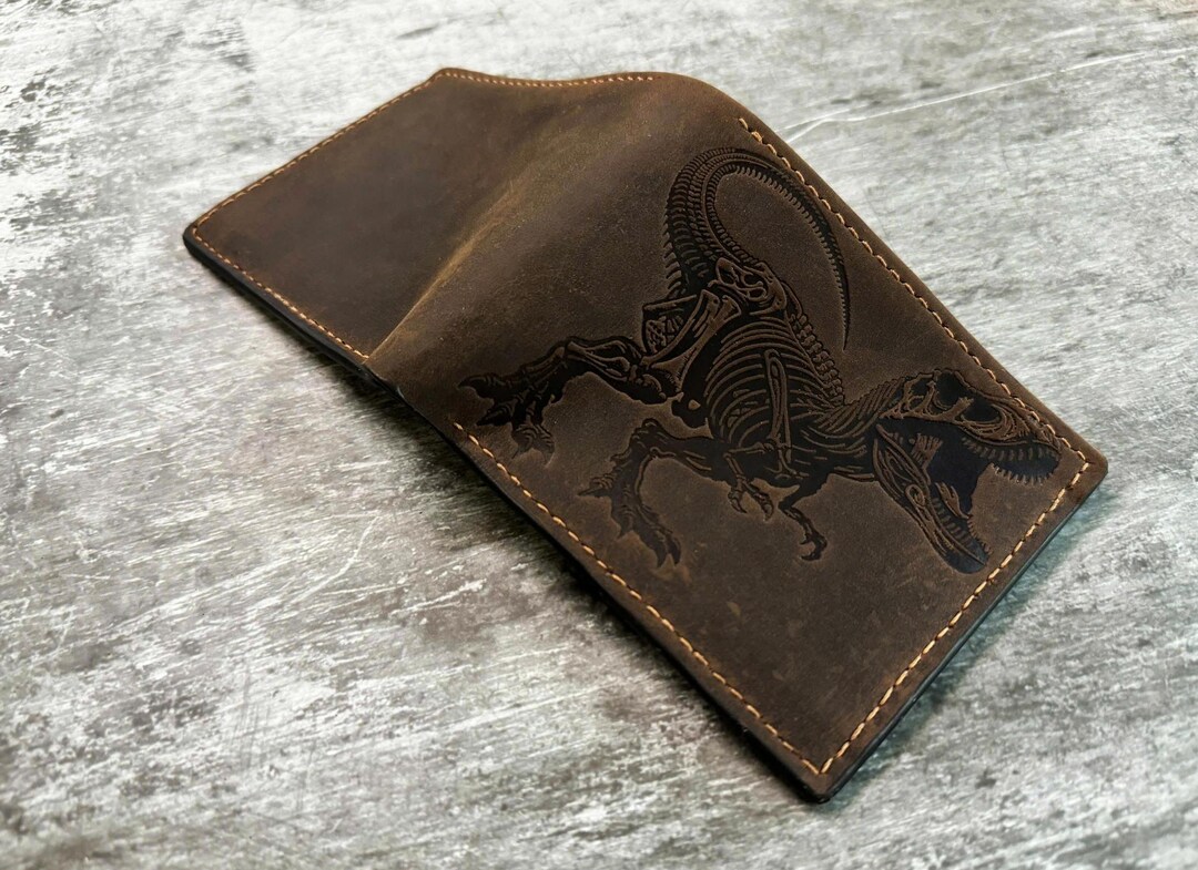 Handmade T-rex Leather Wallet: Hydraulic Pressing, Skeleton Design - Etsy