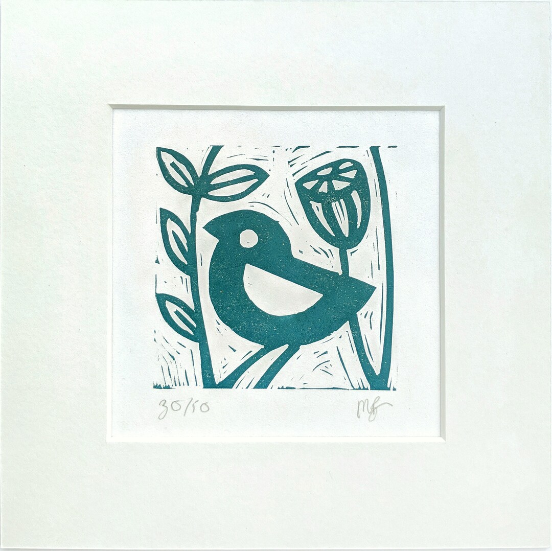 Linograbado impreso a mano Pequeño pájaro azul - Etsy España