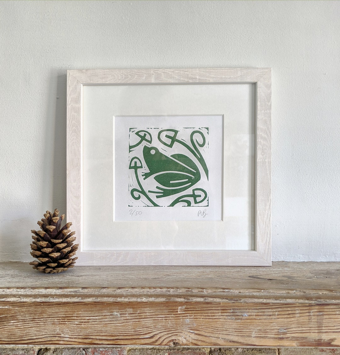 Framed Lino Print "little Green Frog" Handmade by Artist Melissa Birch ...