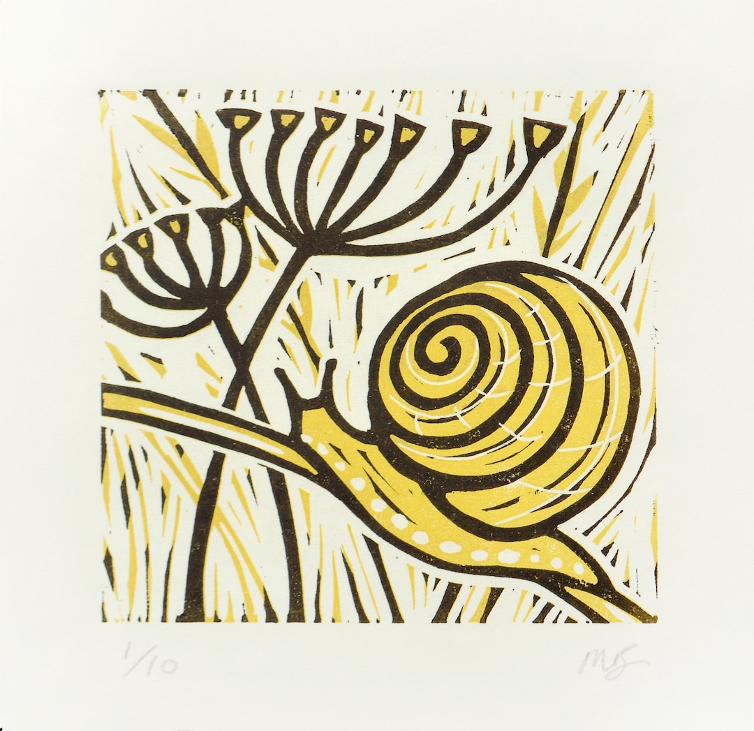 Hand Printed Linocut Artwork "life in the Long Grasses - Snail" - Etsy