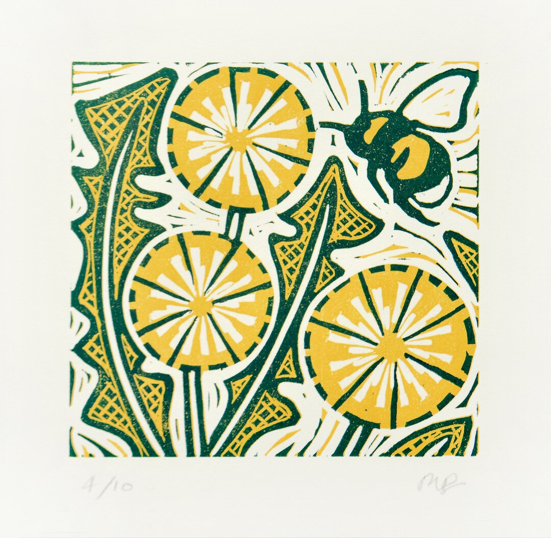 Hand Printed Linocut Artwork "life in the Long Grasses - Bee With ...