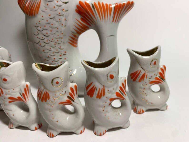 Vintage Porcelain Fish Set, Fish Drinking Set, Decanter and Four ...