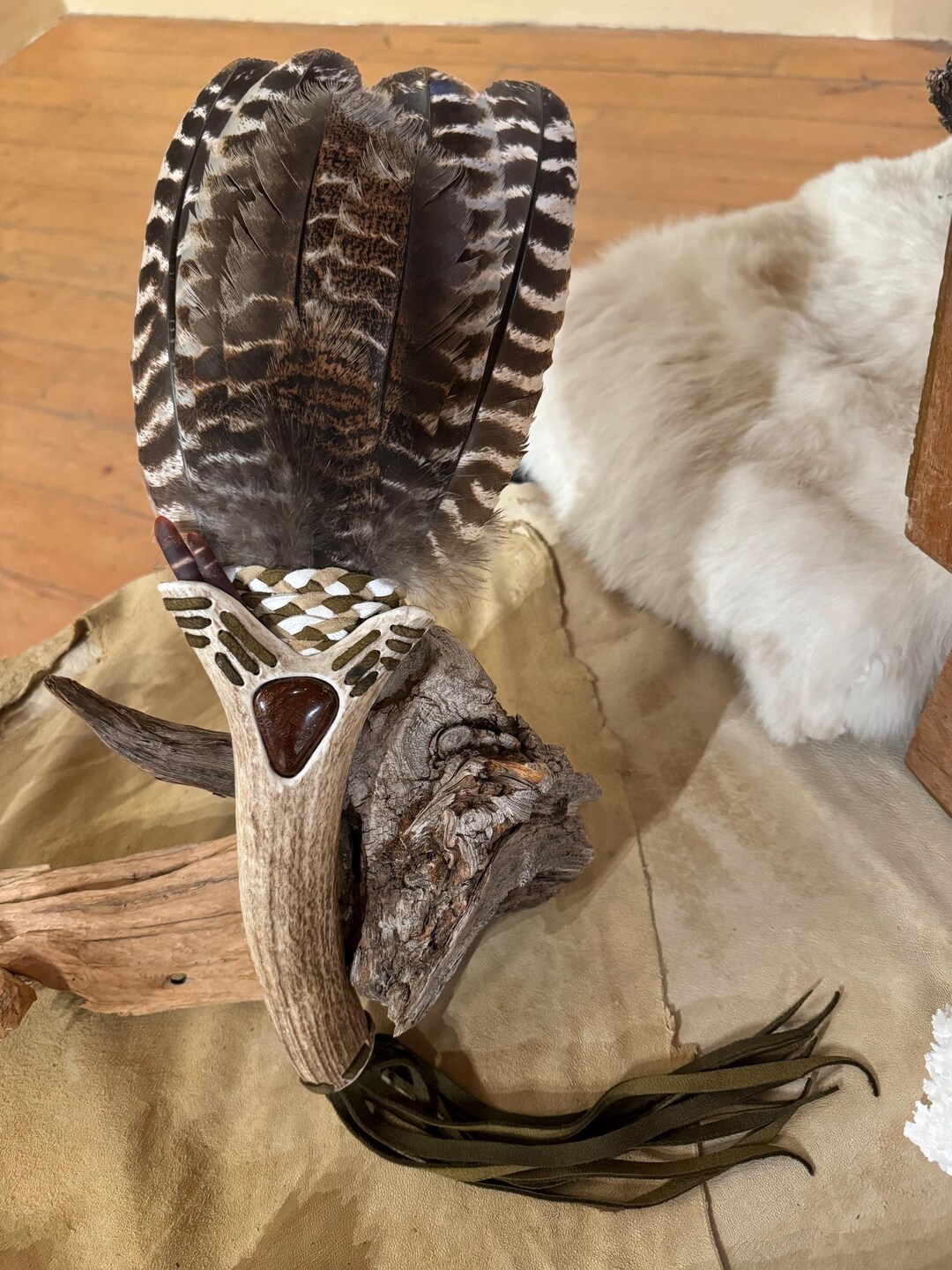 Sacred Medicine Smudge Fan Wand With Turkey, Elk Antler, Deer Leather ...