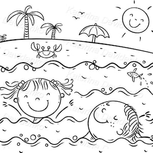 Cartoon Kids Swimming in the Sea. Children on Summer Vacation on the ...