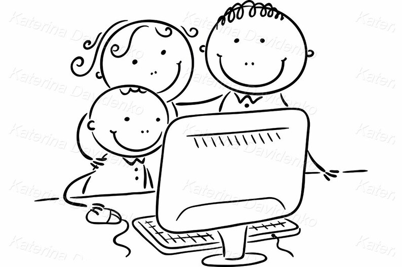 Happy Doodle Family at the Computer Together Image Clipart - Etsy