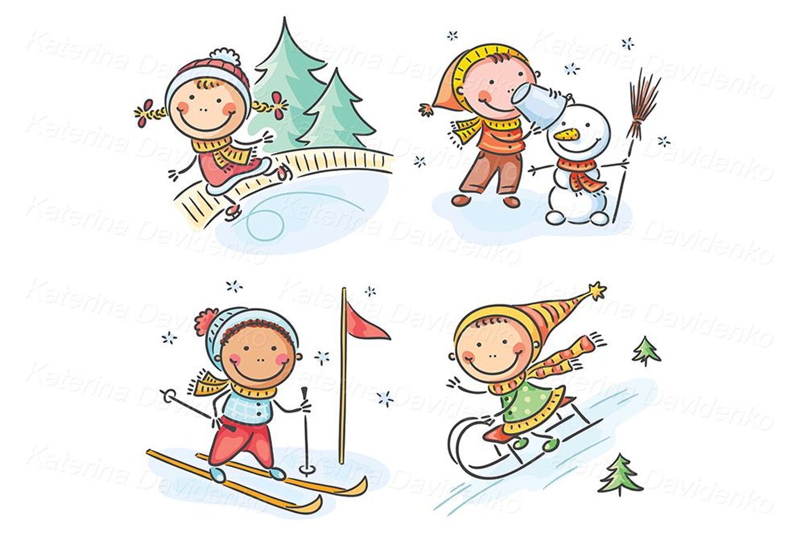 Winter Clipart. Happy Cartoon Kids Outdoors Activities. Doodle Kids ...
