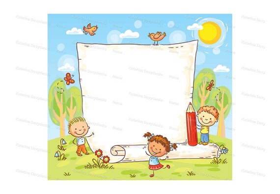 Kids clipart preschool clipart. Cartoon frame with three kids | Etsy