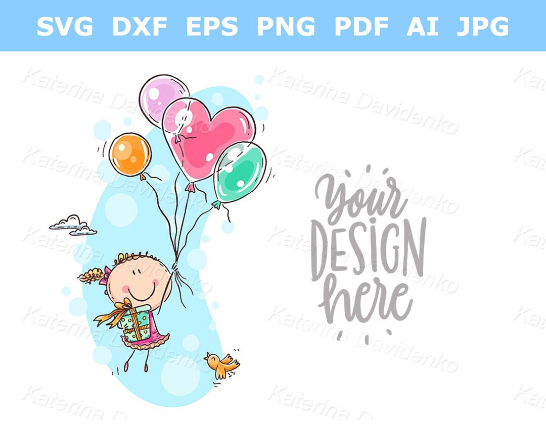 Birthday Greeting Card Digital Download. Girl With Balloons Clipart ...
