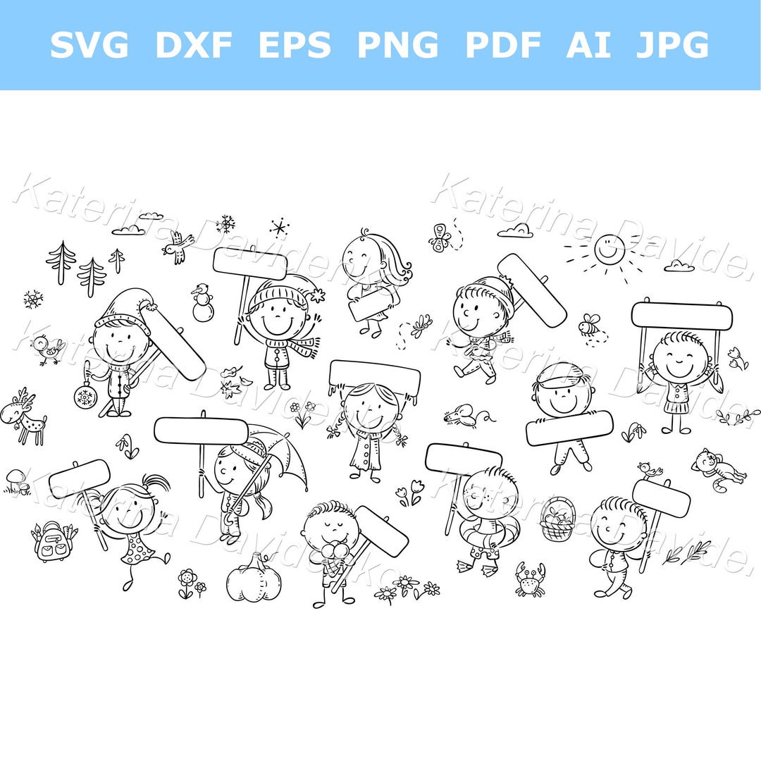 Doodle Kids Holding Signs With Empty Space. Cartoon Kids Clipart Set ...