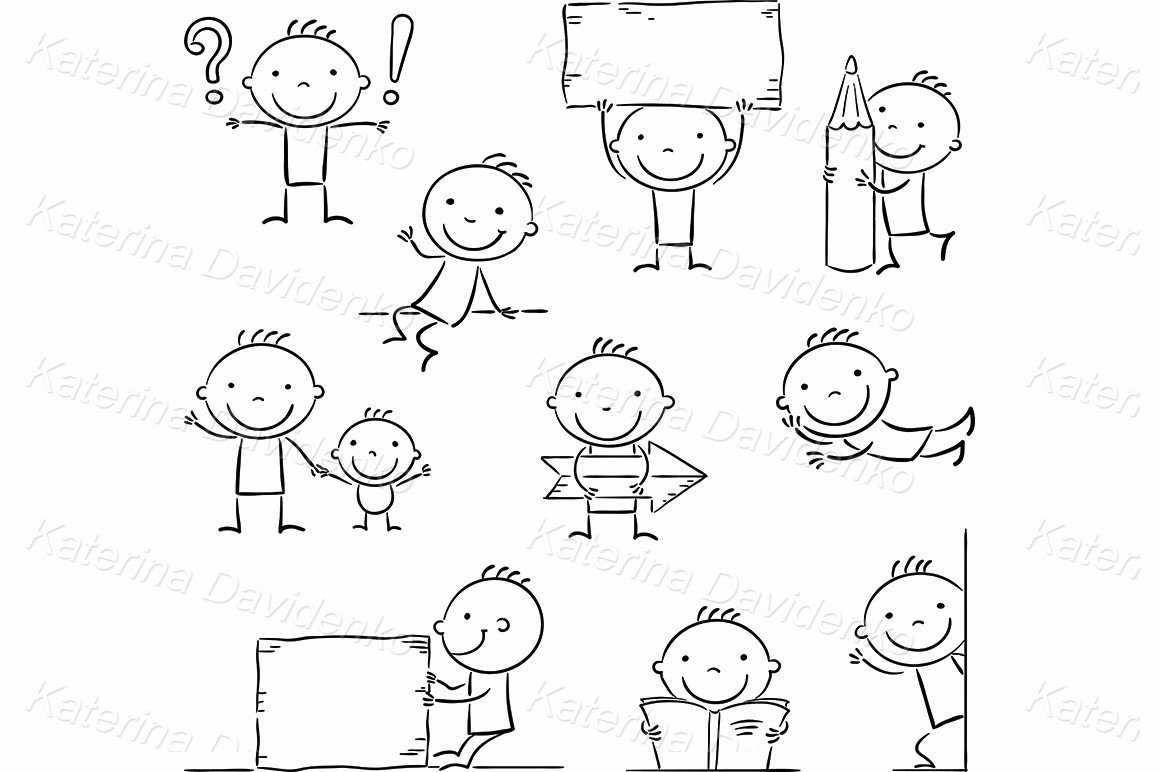 Stick Figure Cartoon Kids in Different Poses With Banner Signs | Etsy