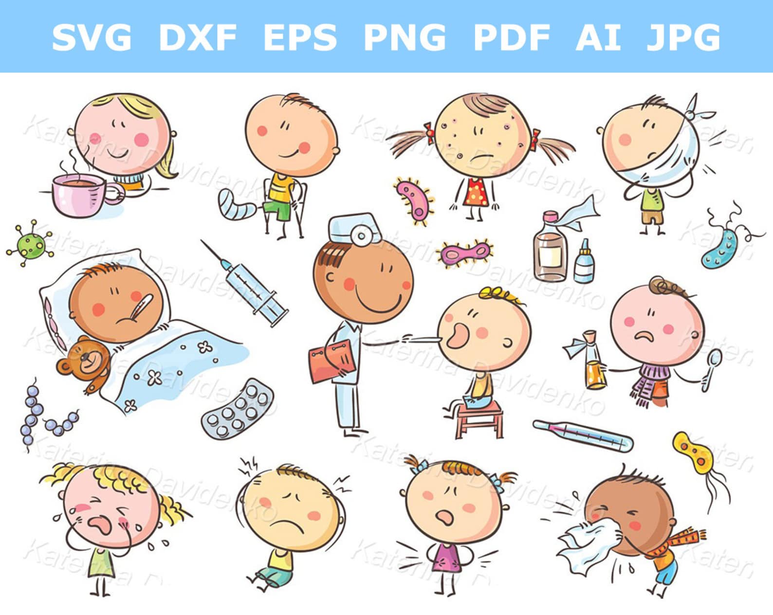 Set of Illustration Illness. Sick Kids With Different Symptoms ...
