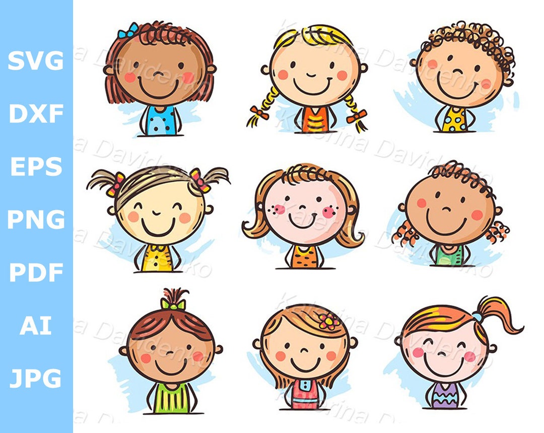 Cartoon Happy Kids Faces Clipart Set. Doodle Girls Portraits. Children ...
