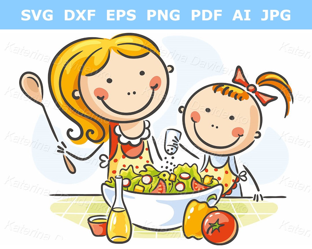 Doodle Family Clipart. Cartoon Mother and Daughter Cooking Together ...
