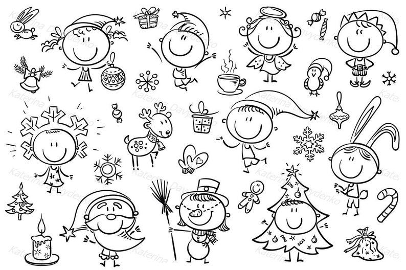 Christmas Clipart Set of Cartoon Kids in Santa Hats and With - Etsy