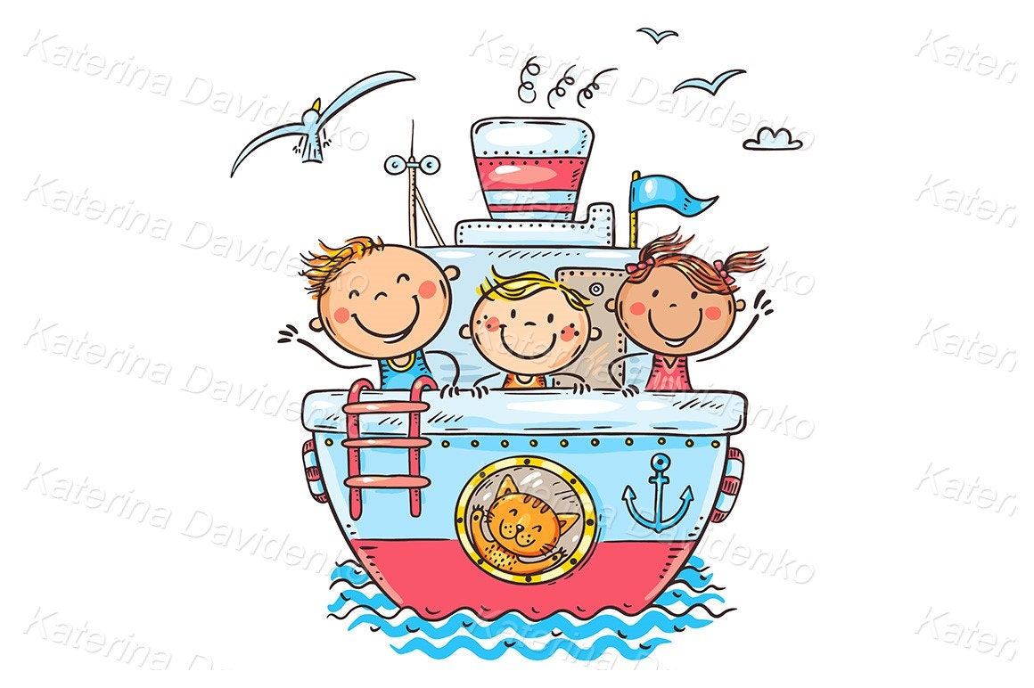 Cartoon Doodle Happy Kids on a Cruise Ship Clipart Hand - Etsy